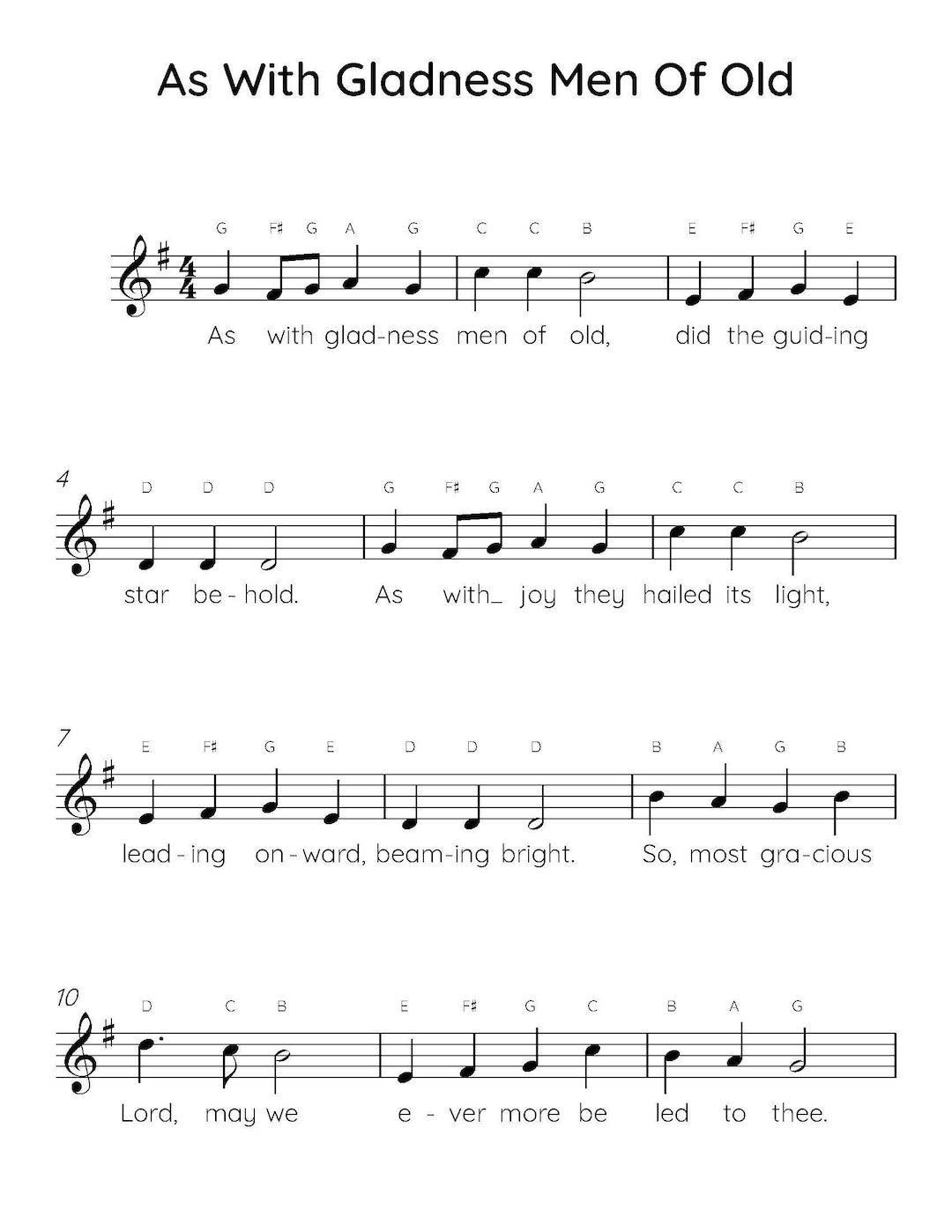 As With Gladness Men of Old Easy Piano Sheet Music, Digital ...
