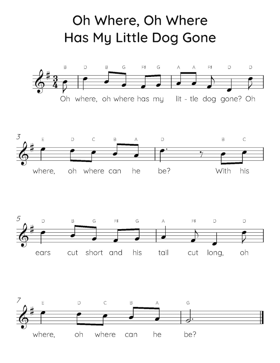 Oh Where Oh Where Has My Little Dog Gone Easy Piano Sheet Music ...