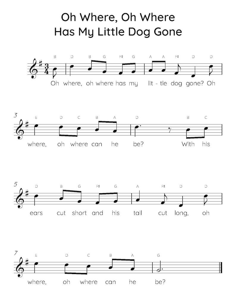 Oh Where Oh Where Has My Little Dog Gone Easy Piano Sheet Music ...