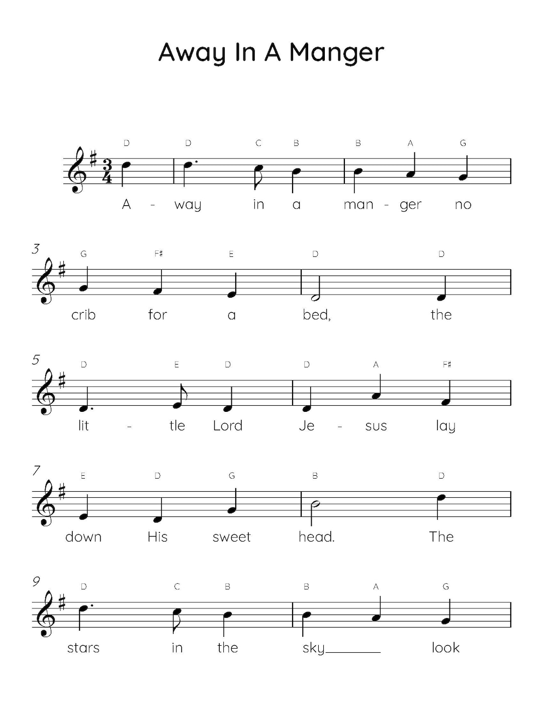 Away in A Manger Easy Piano Sheet Music (digital Download), Kids ...