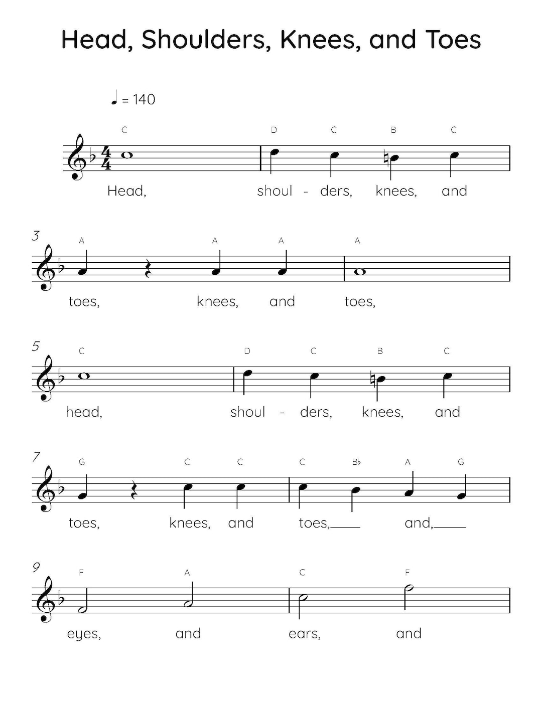 Head Shoulders Knees and Toes Easy Piano Sheet Music, Digital ...