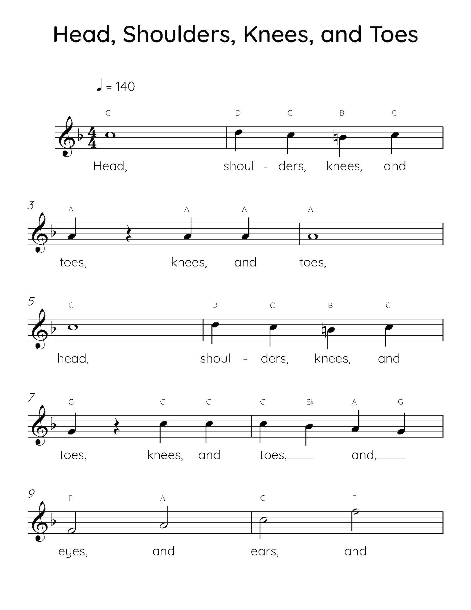 Head Shoulders Knees and Toes Easy Piano Sheet Music, Digital ...