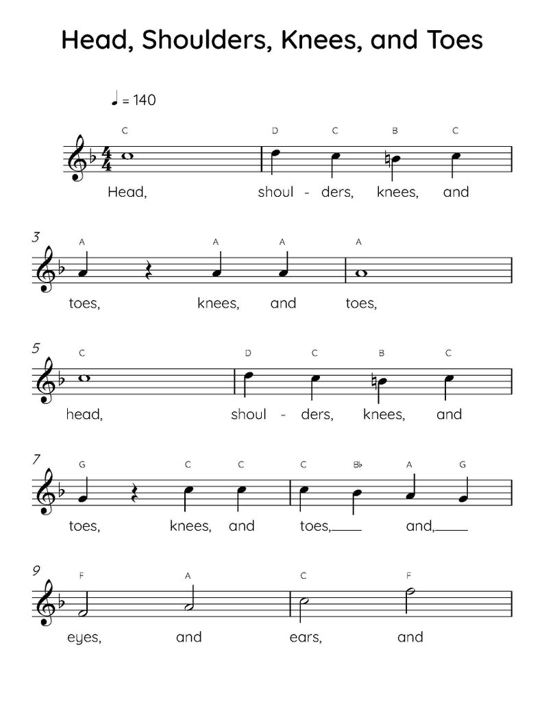 Head Shoulders Knees and Toes Easy Piano Sheet Music (digital Download ...