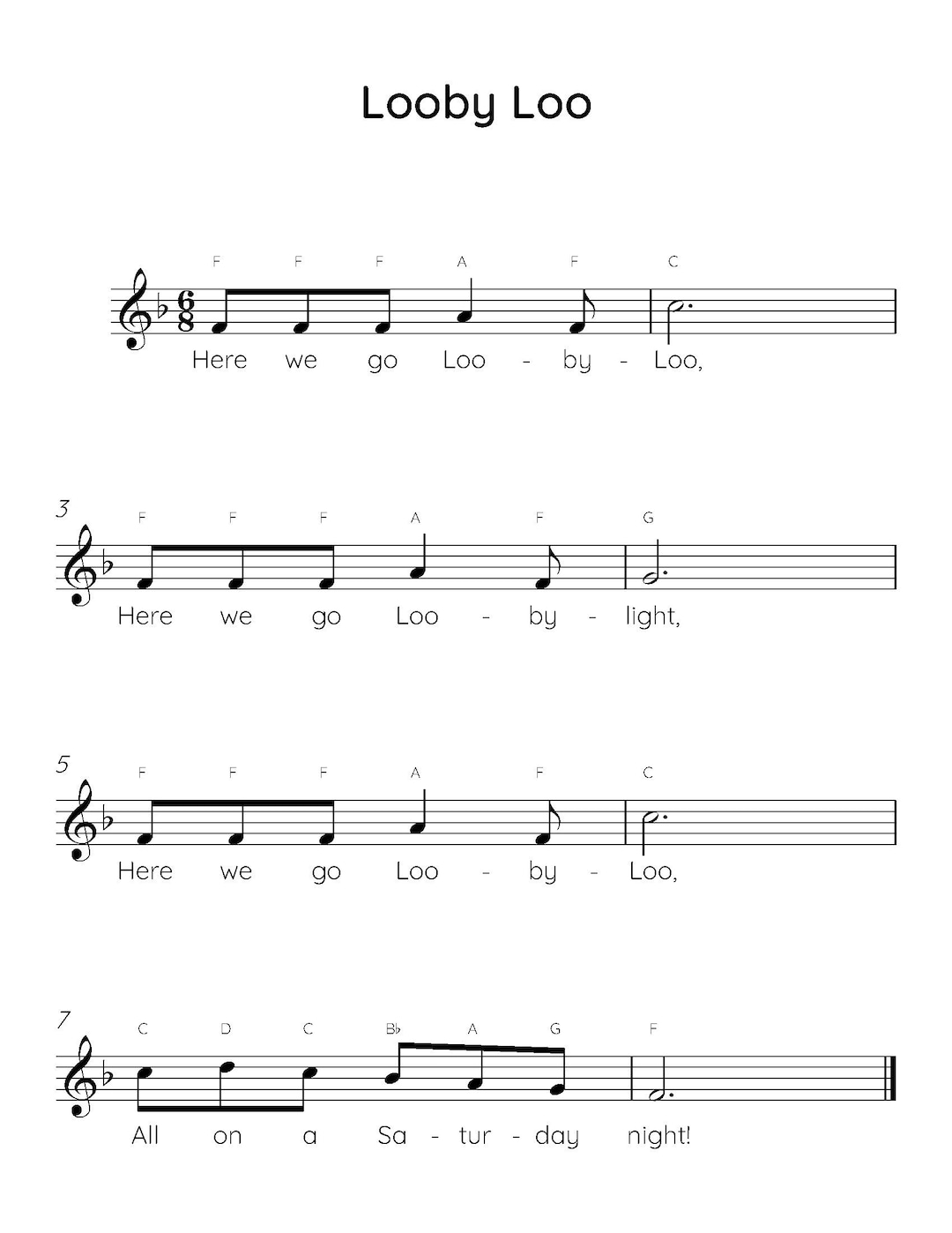 Looby Loo Easy Piano Sheet Music, Digital Downloadable Musical Sheets ...