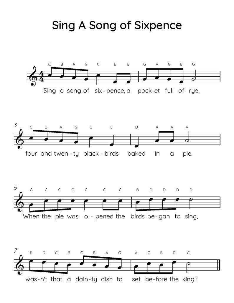 Sing A Song of Sixpence Easy Piano Sheet Music, Digital Downloadable ...