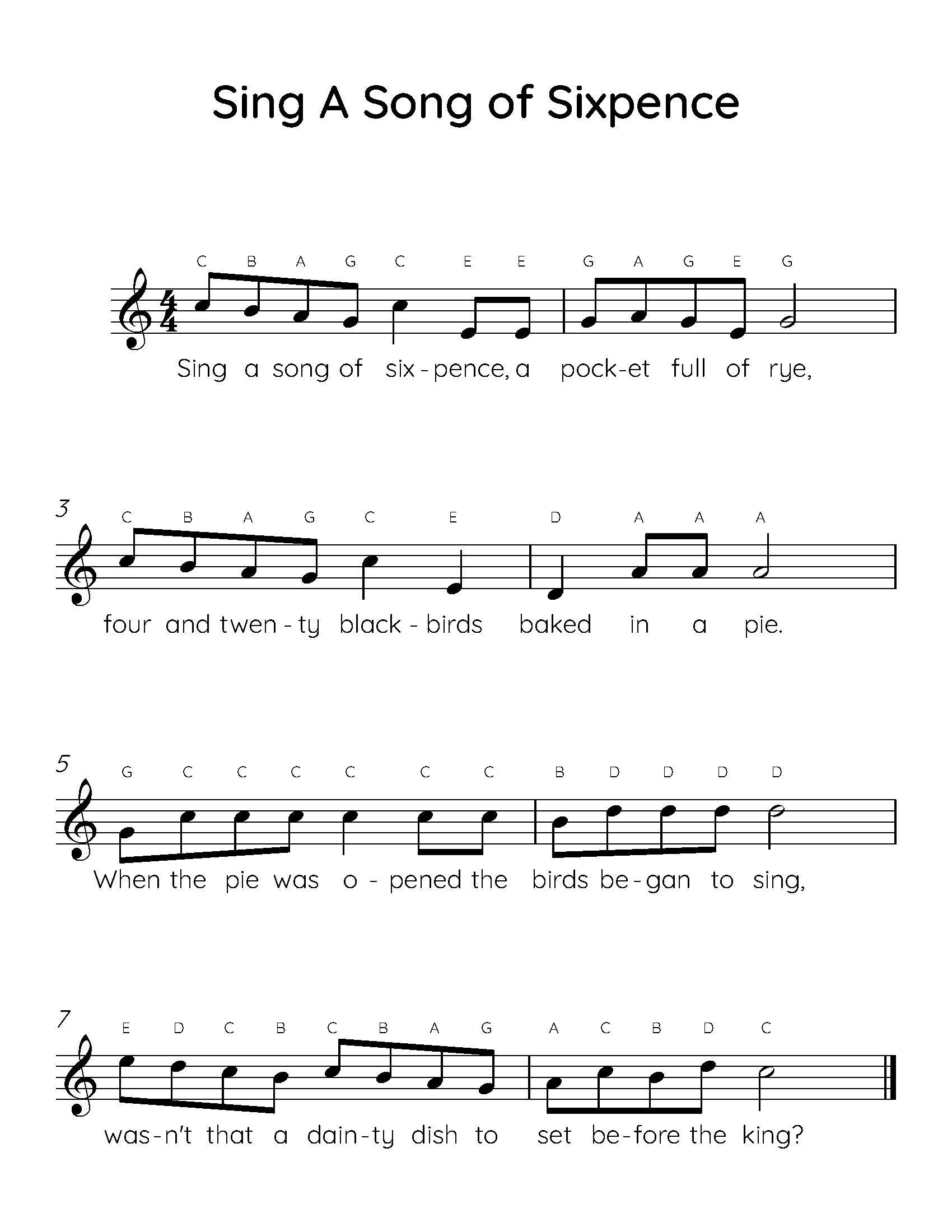 Sing A Song of Sixpence Easy Piano Sheet Music, Digital Downloadable ...