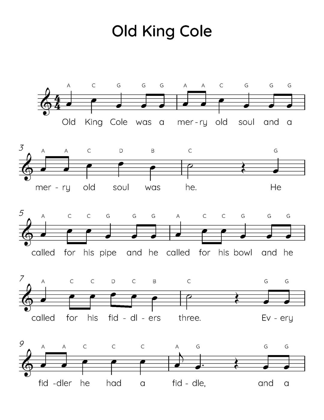 Old King Cole Easy Piano Sheet Music, Digital Downloadable Musical ...