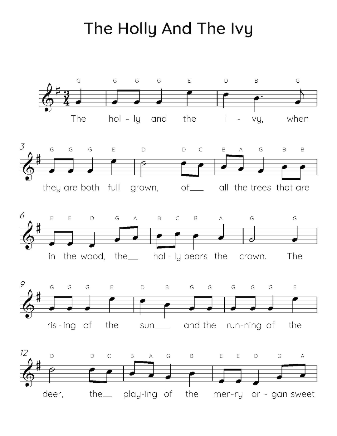 The Holly and the Ivy Easy Piano Sheet Music, Digital Downloadable ...