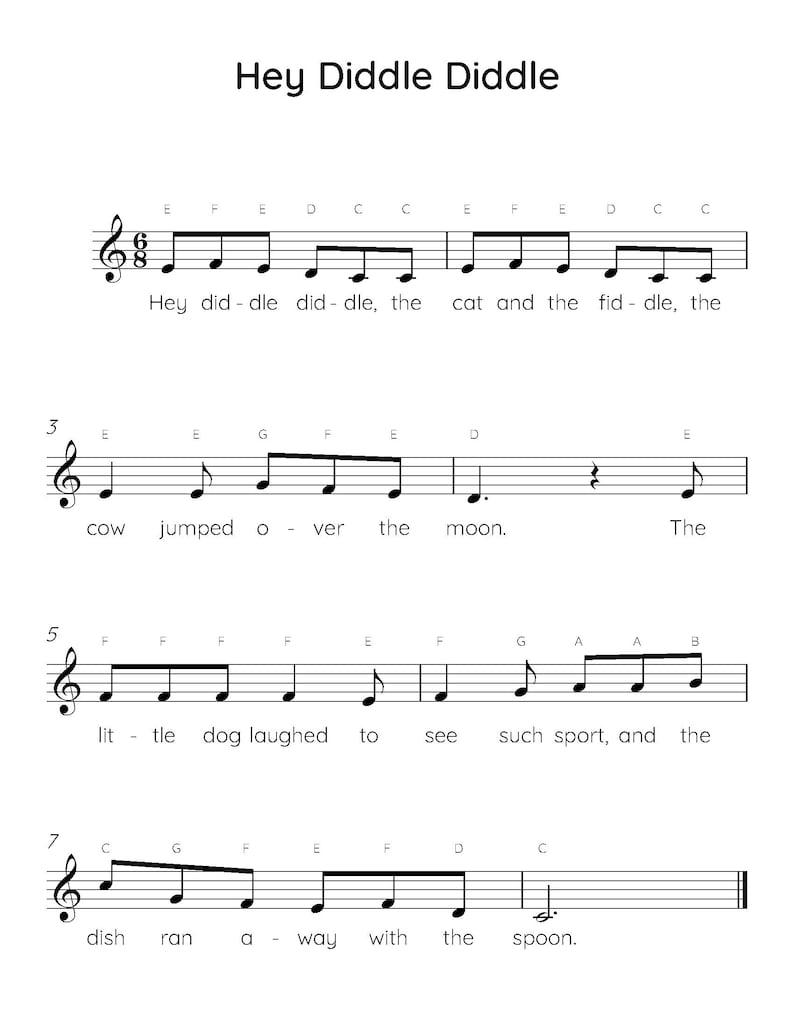 Hey Diddle Diddle Easy Piano Sheet Music, Digital Downloadable Musical ...