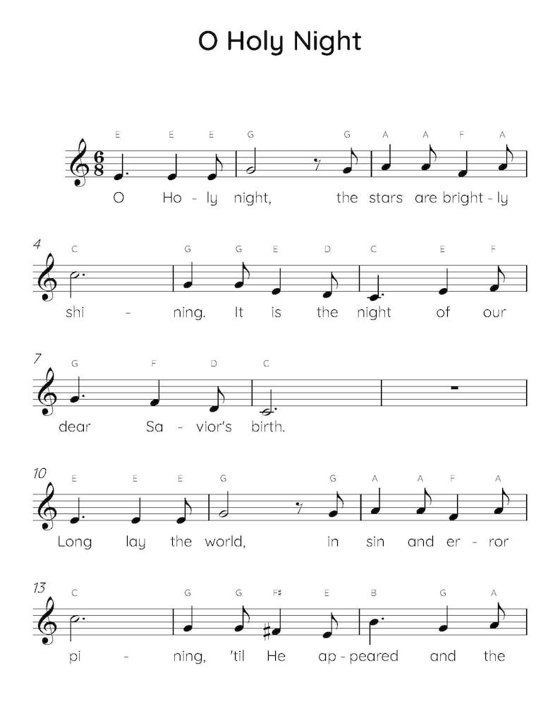 O Holy Night Easy Piano Sheet Music (digital Download), Kids Beginner ...