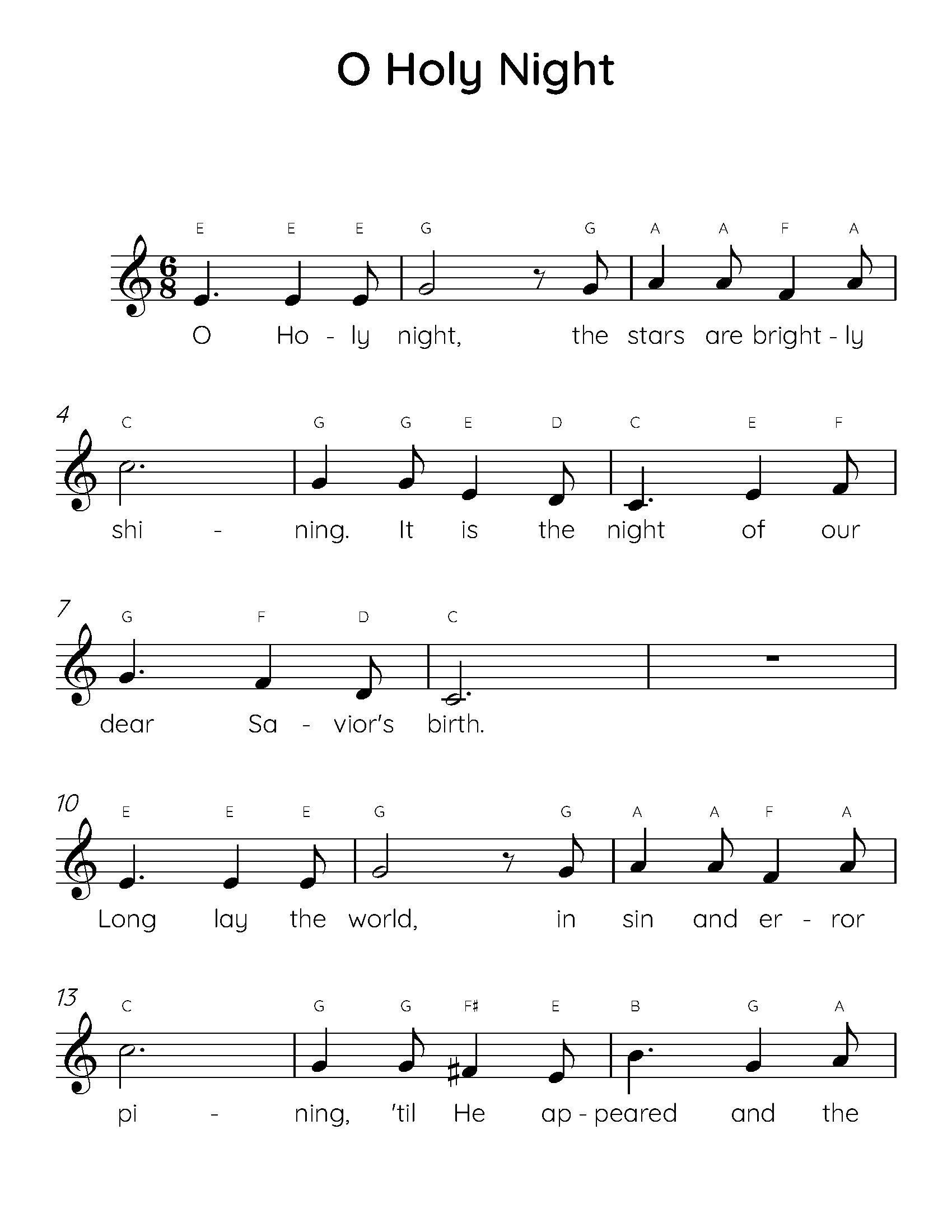 O Holy Night Easy Piano Sheet Music, Digital Downloadable Musical ...