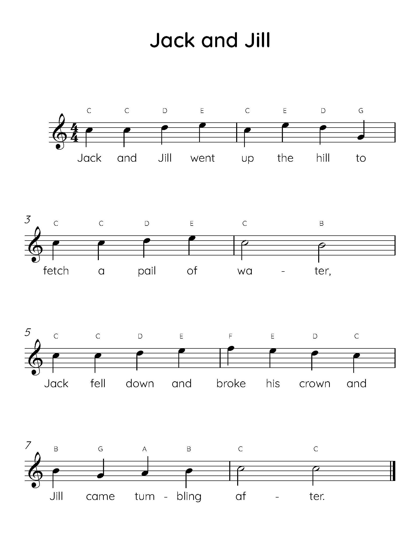 Jack and Jill Easy Piano Sheet Music, Digital Downloadable Musical ...