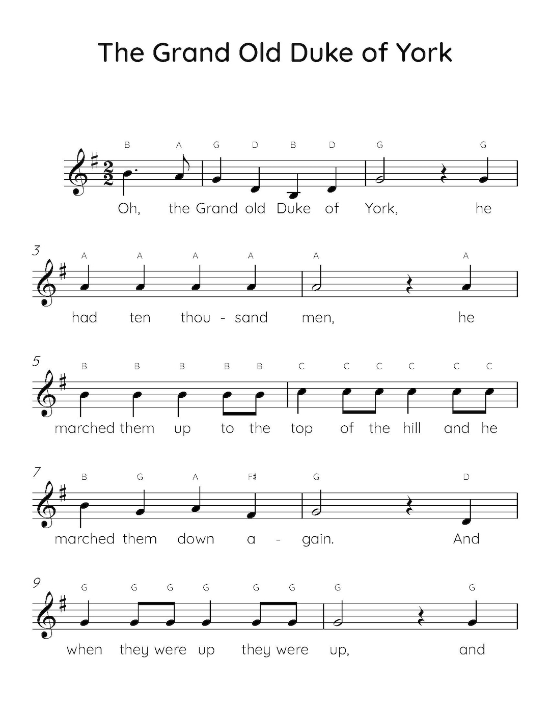 The Grand Old Duke of York Easy Piano Sheet Music (digital Download ...