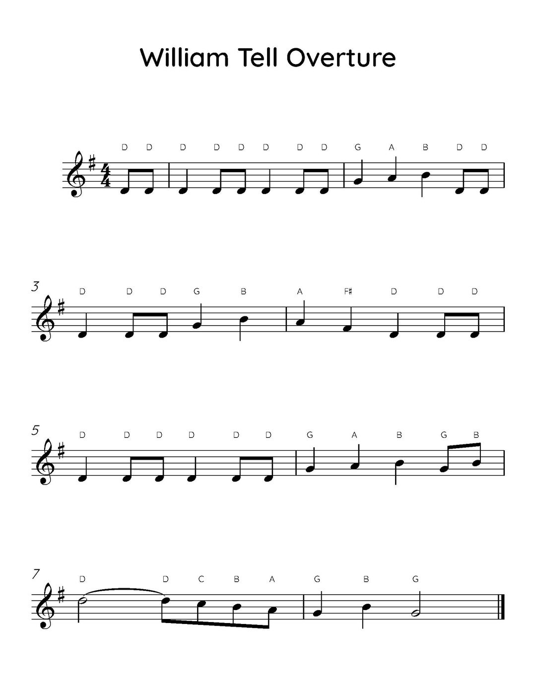 William Tell Overture Easy Piano Sheet Music, Digital Downloadable ...