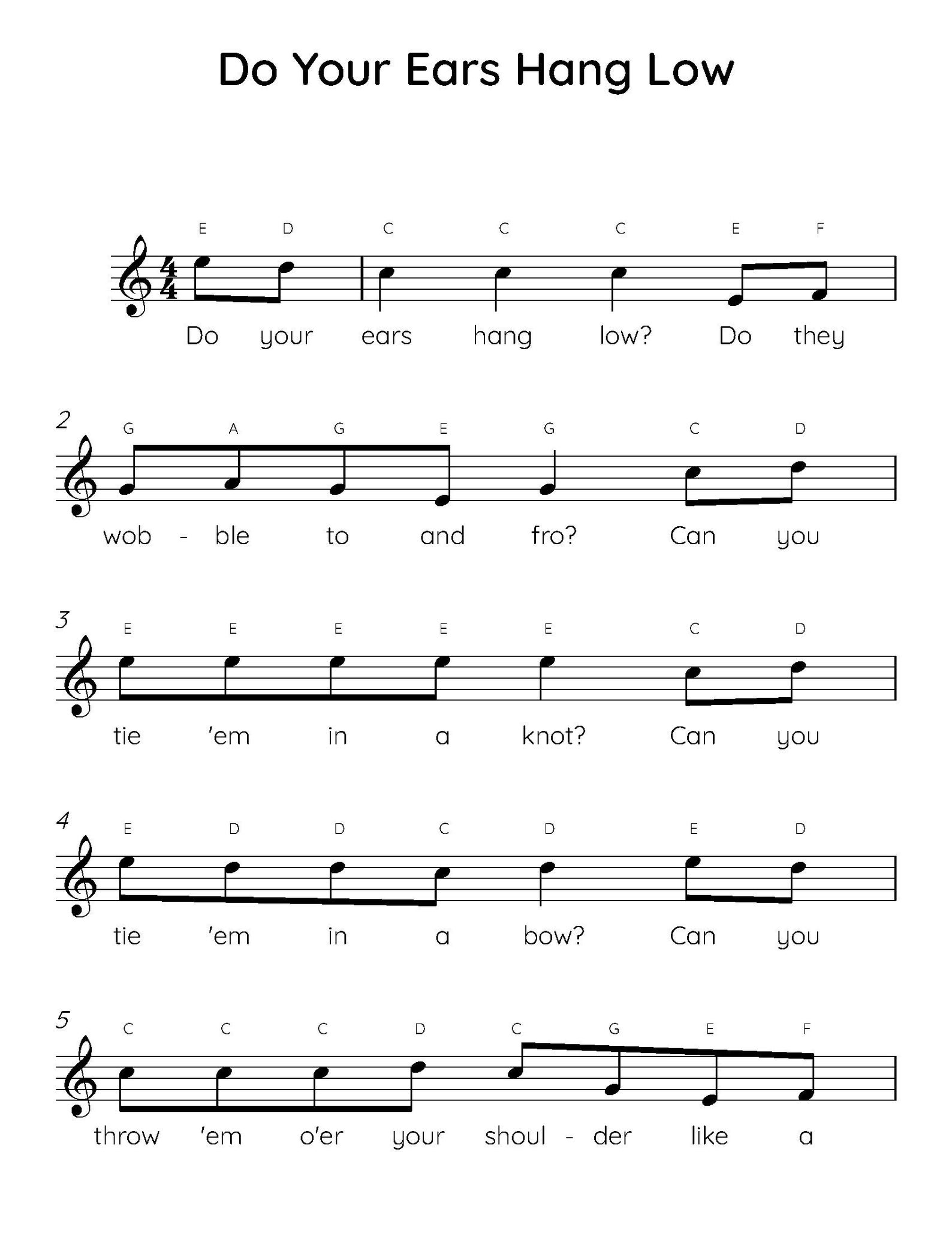 Do Your Ears Hang Low Easy Piano Sheet Music, Digital Downloadable ...