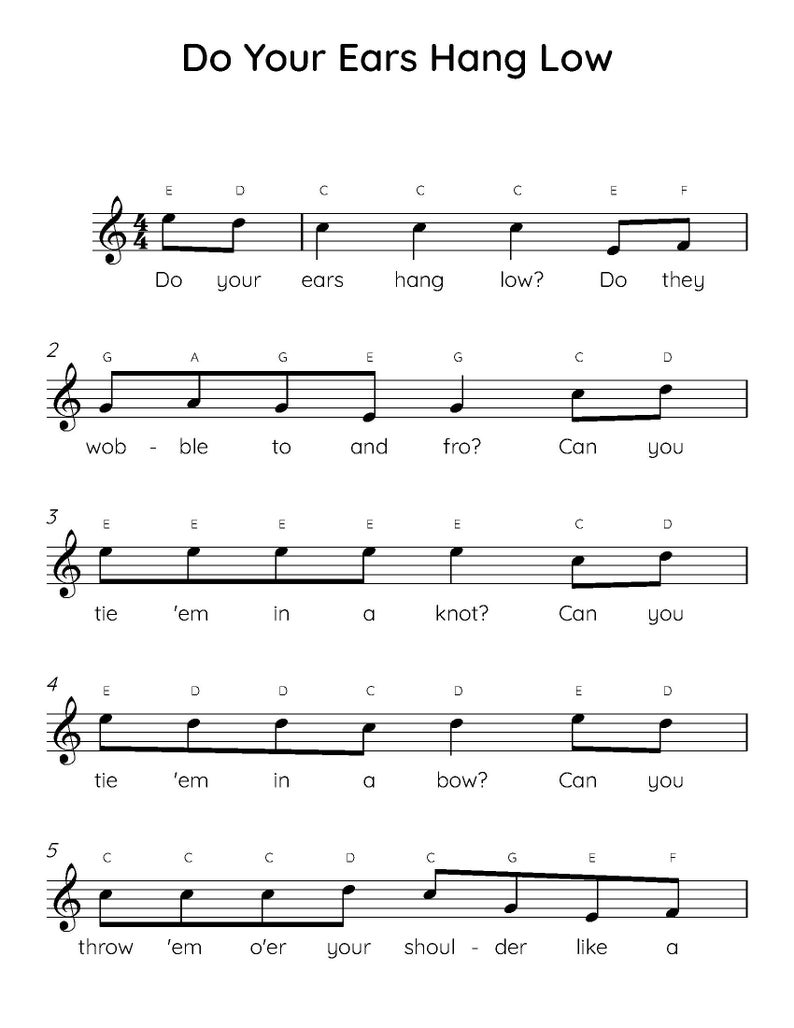Do Your Ears Hang Low Easy Piano Sheet Music (digital Download), Kids ...
