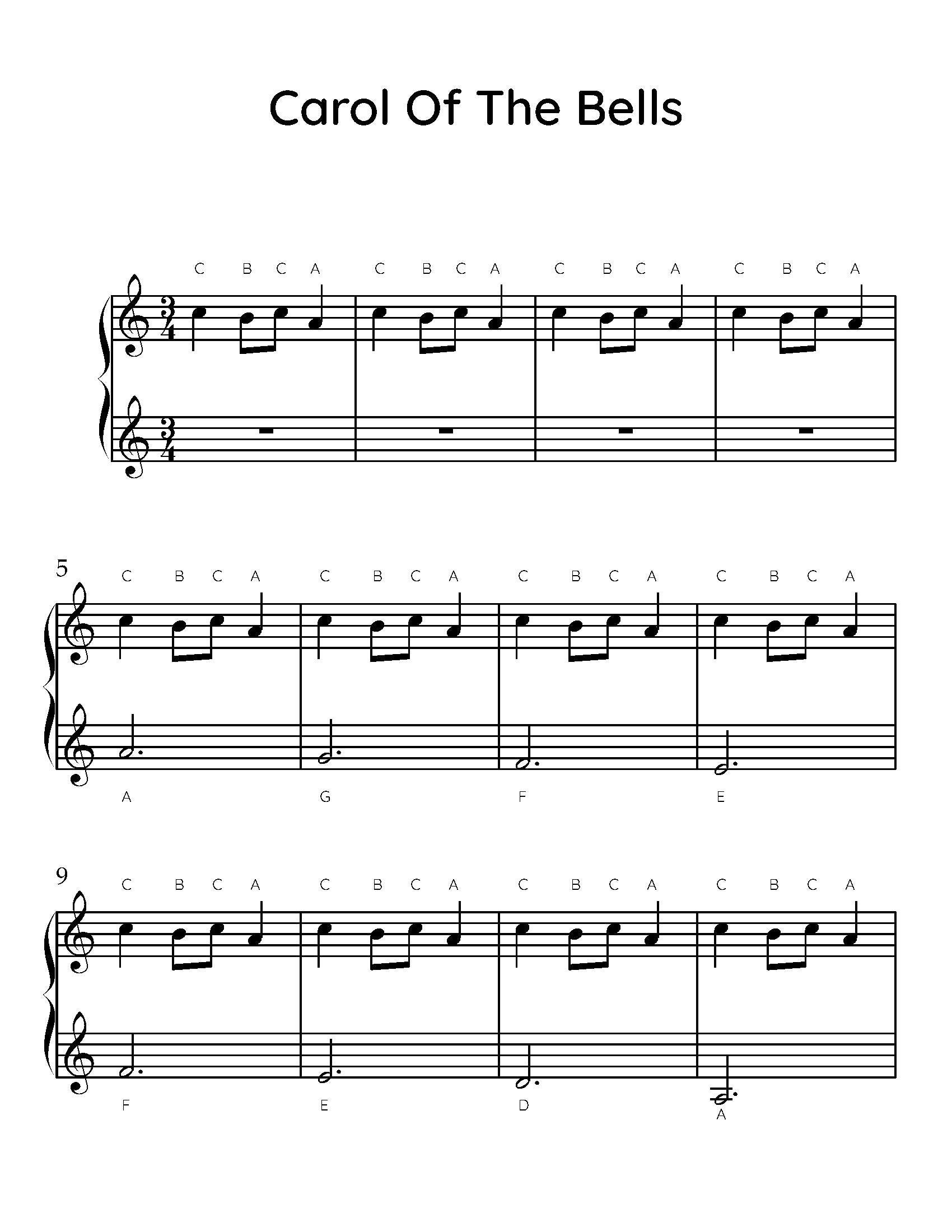 Carol of the Bells Easy Piano Sheet Music, Digital Downloadable Musical ...