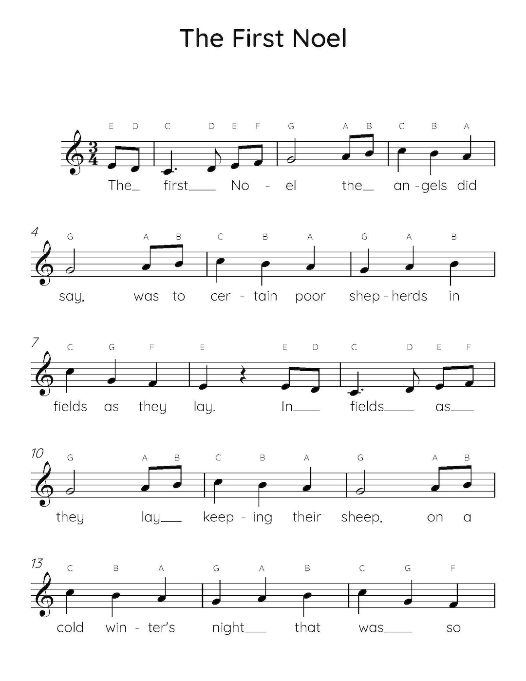 The First Noel Easy Piano Sheet Music (digital Download), Kids Beginner ...