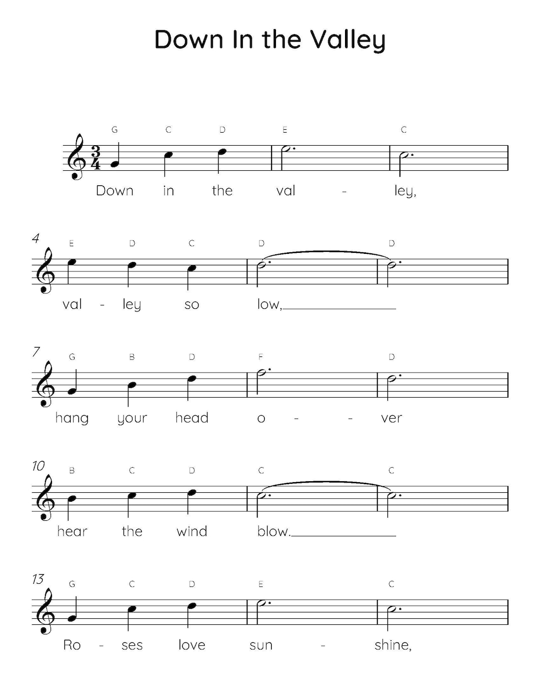 Down in the Valley Easy Piano Sheet Music, Digital Downloadable Musical ...