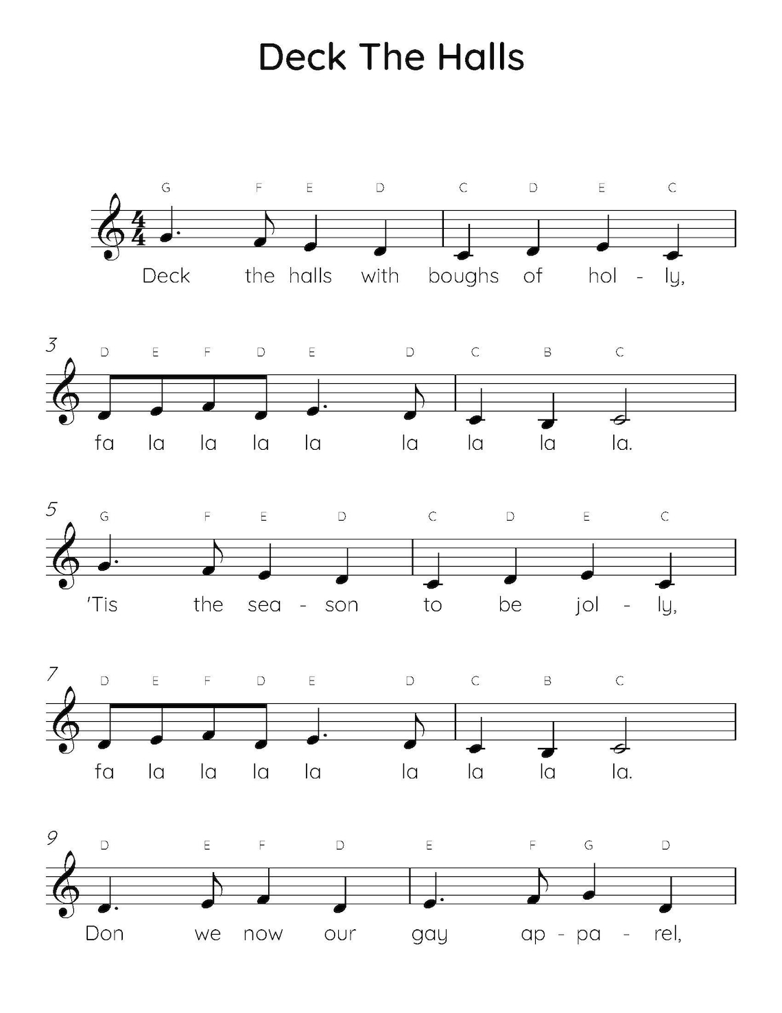 Deck the Halls Easy Piano Sheet Music, Digital Downloadable Musical ...