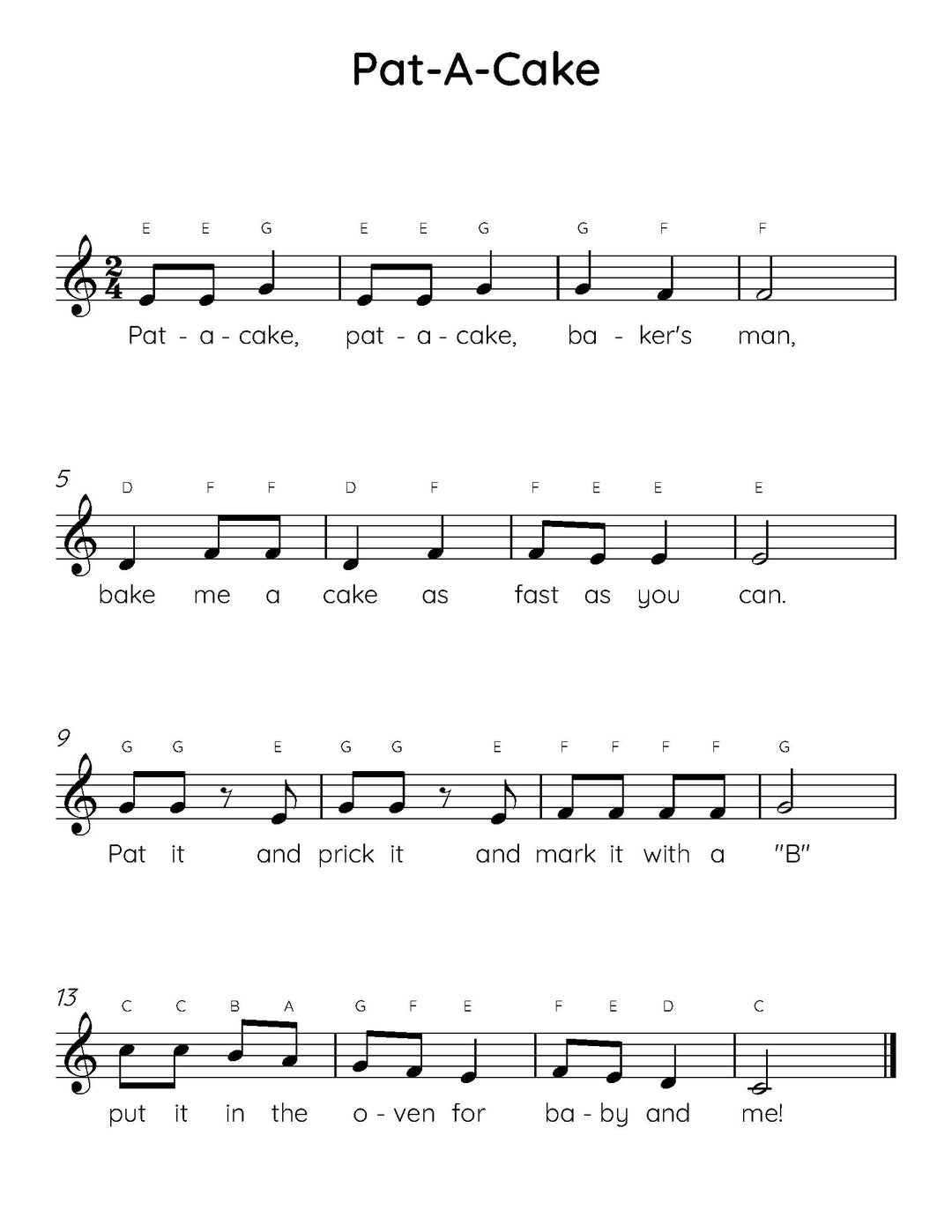 Pat A Cake Easy Piano Sheet Music, Digital Downloadable Musical Sheets ...