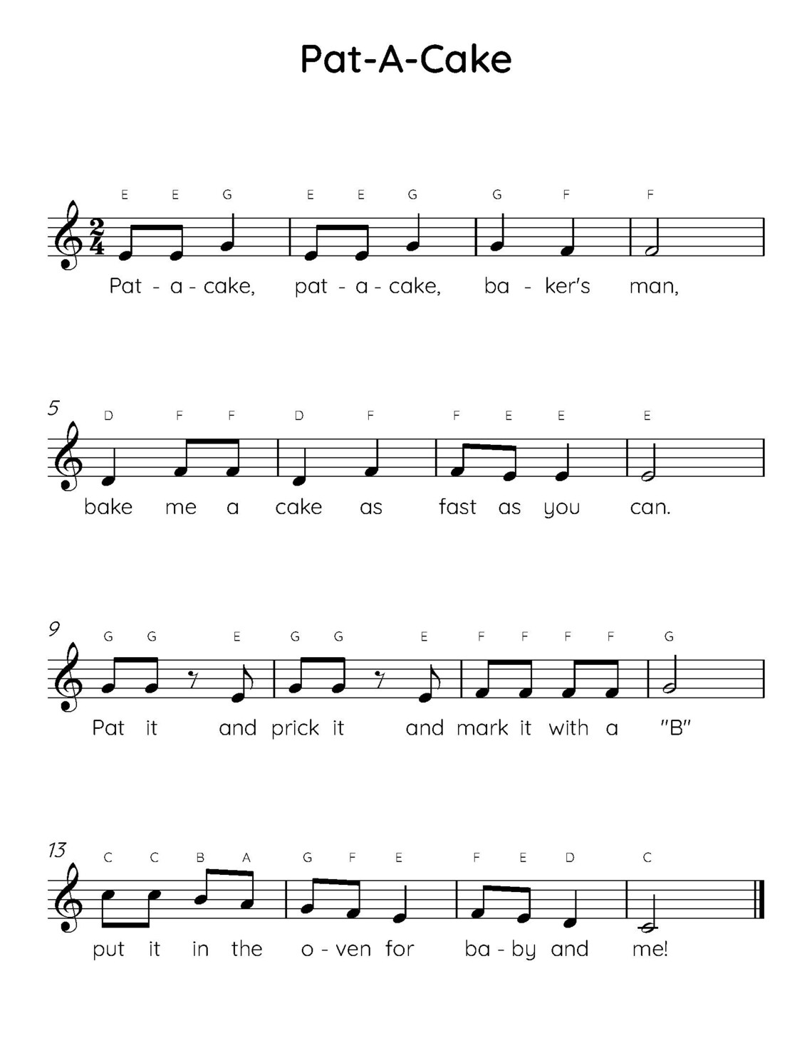 Pat A Cake Easy Piano Sheet Music, Digital Downloadable Musical Sheets ...