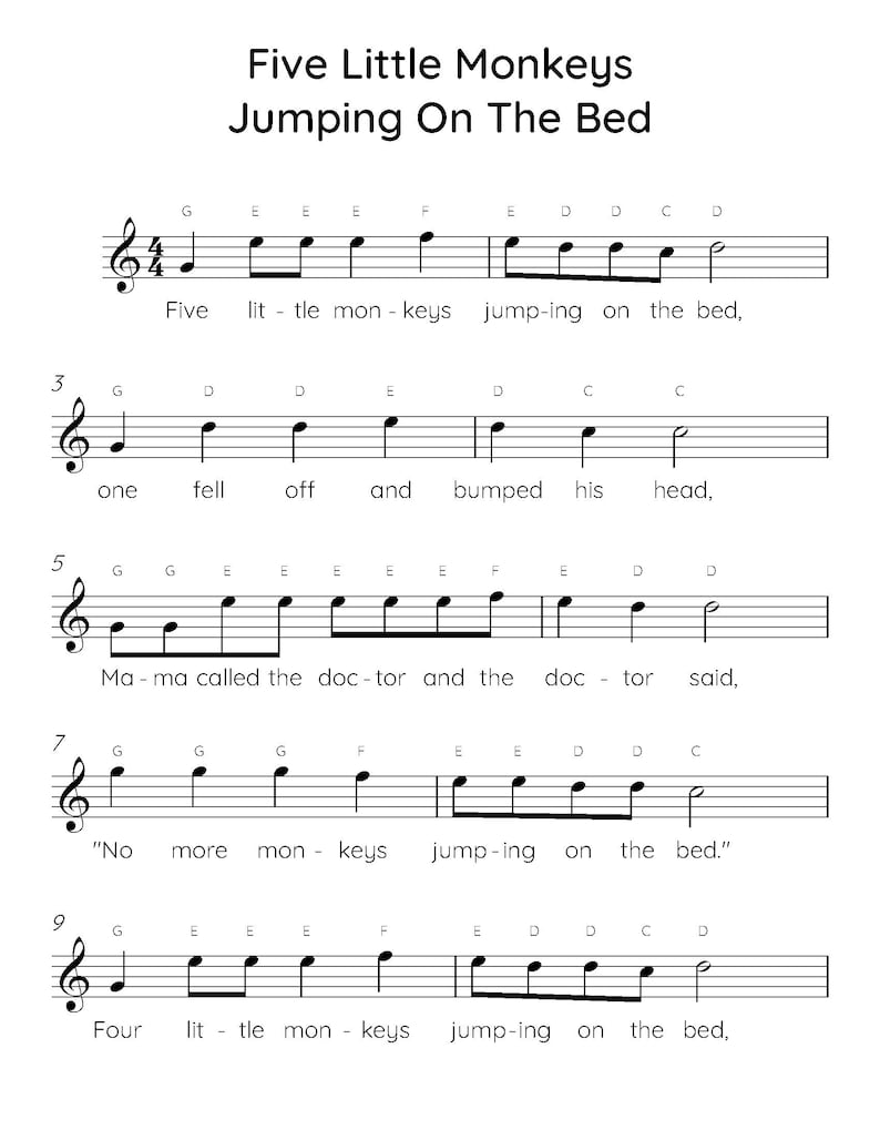 Five Little Monkeys Jumping on the Bed Easy Piano Sheet Music, Digital ...