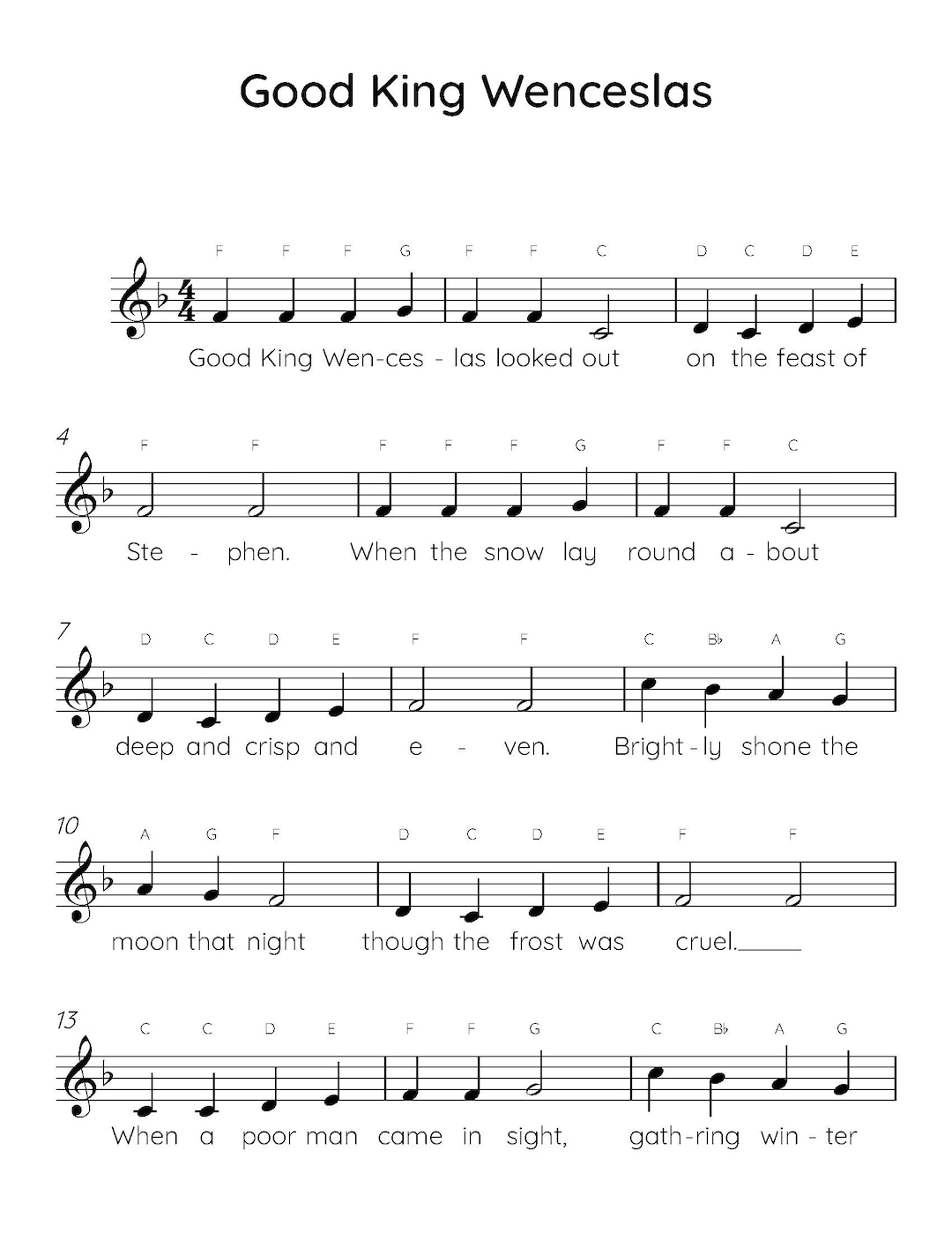 Good King Wenceslas Easy Piano Sheet Music, Digital Downloadable ...