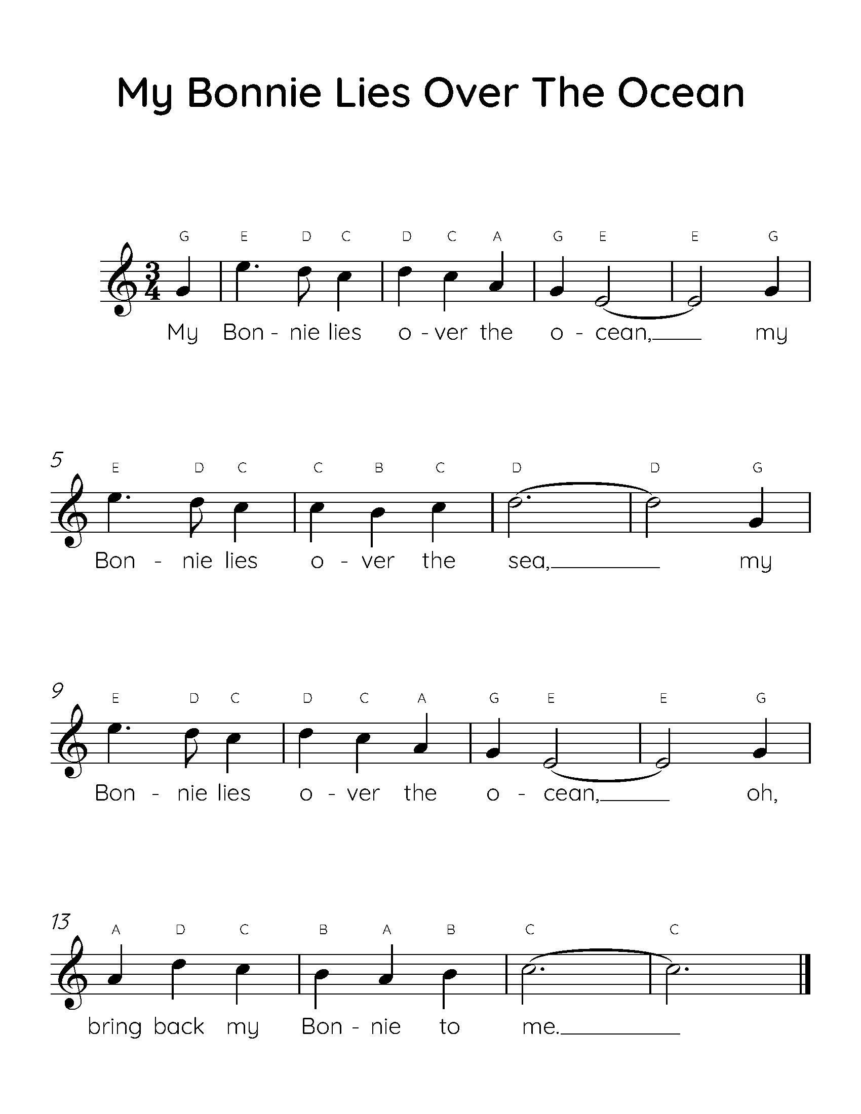 My Bonnie Lies Over the Ocean Easy Piano Sheet Music, Digital ...