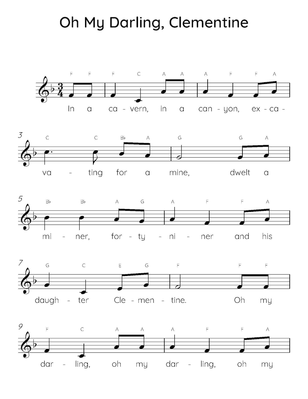 Oh My Darling Clementine Easy Piano Sheet Music, Digital Downloadable ...