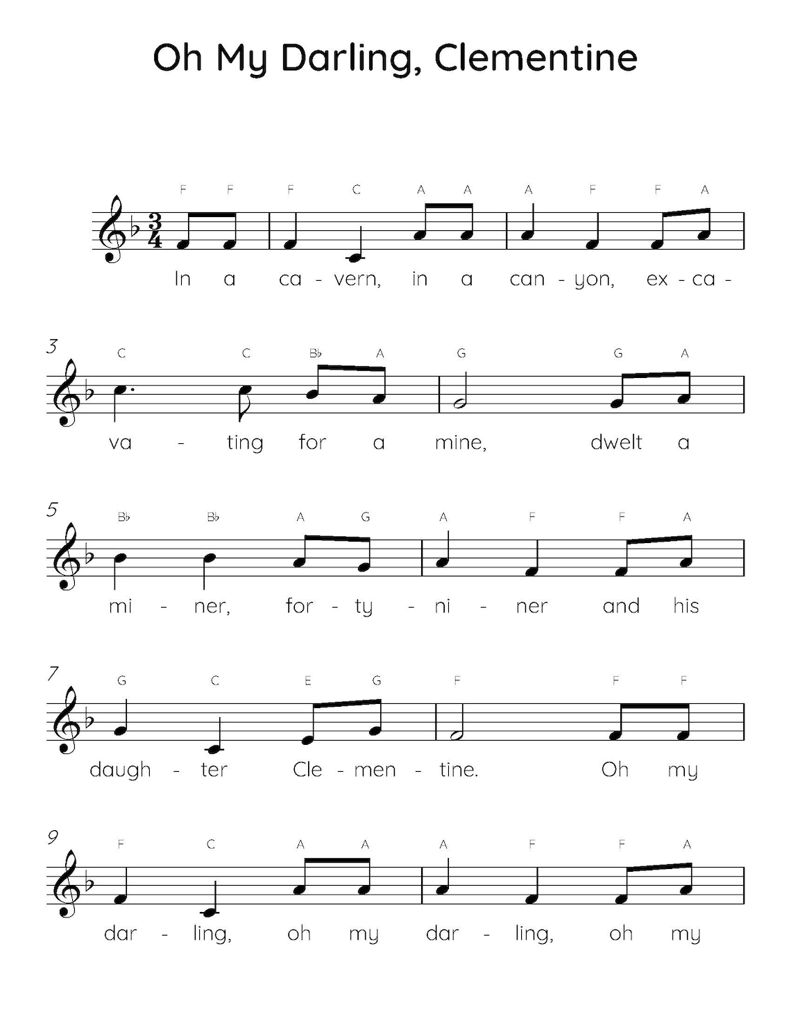 Oh My Darling Clementine Easy Piano Sheet Music (digital Download ...