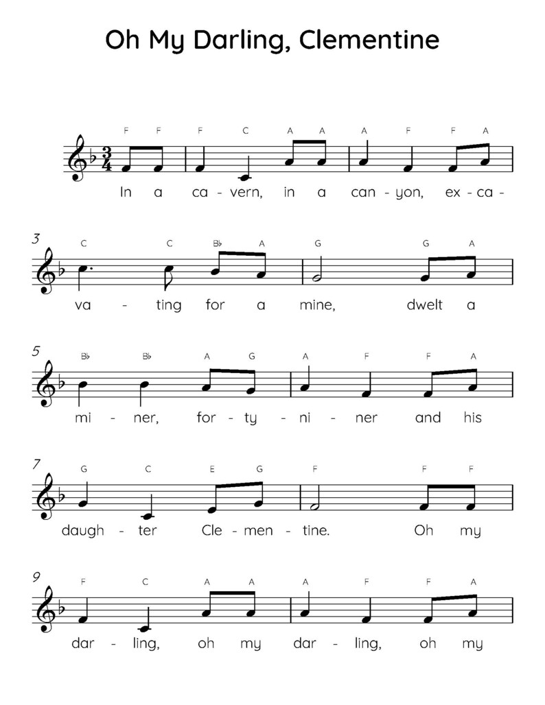 Oh My Darling Clementine Easy Piano Sheet Music (digital Download ...