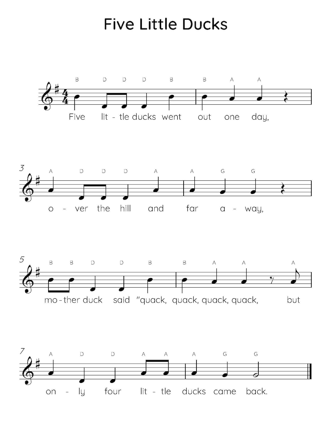 Five Little Ducks Easy Piano Sheet Music, Digital Downloadable Musical Sheets, Kids Beginner ...