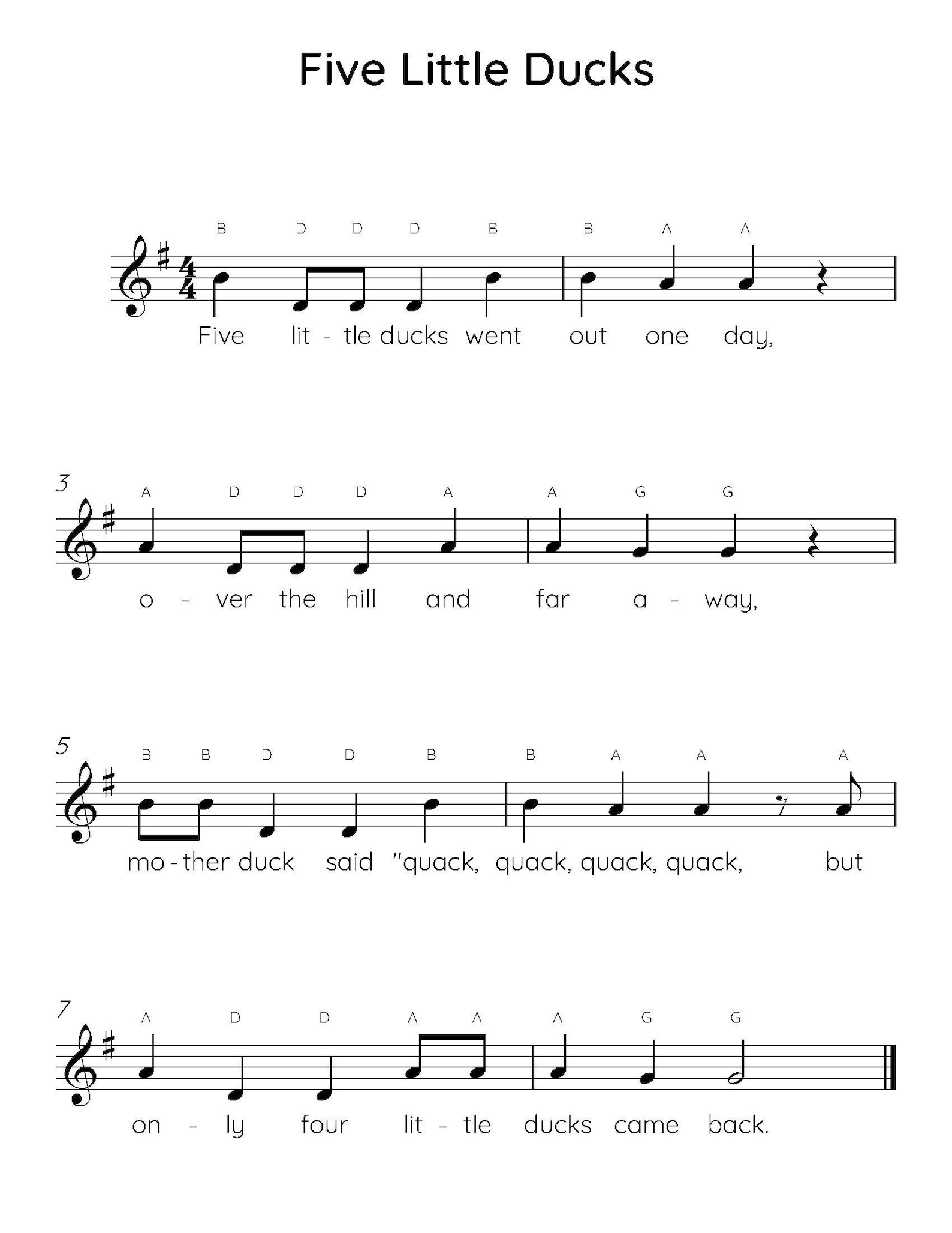 Five Little Ducks Easy Piano Sheet Music (digital Download), Kids ...