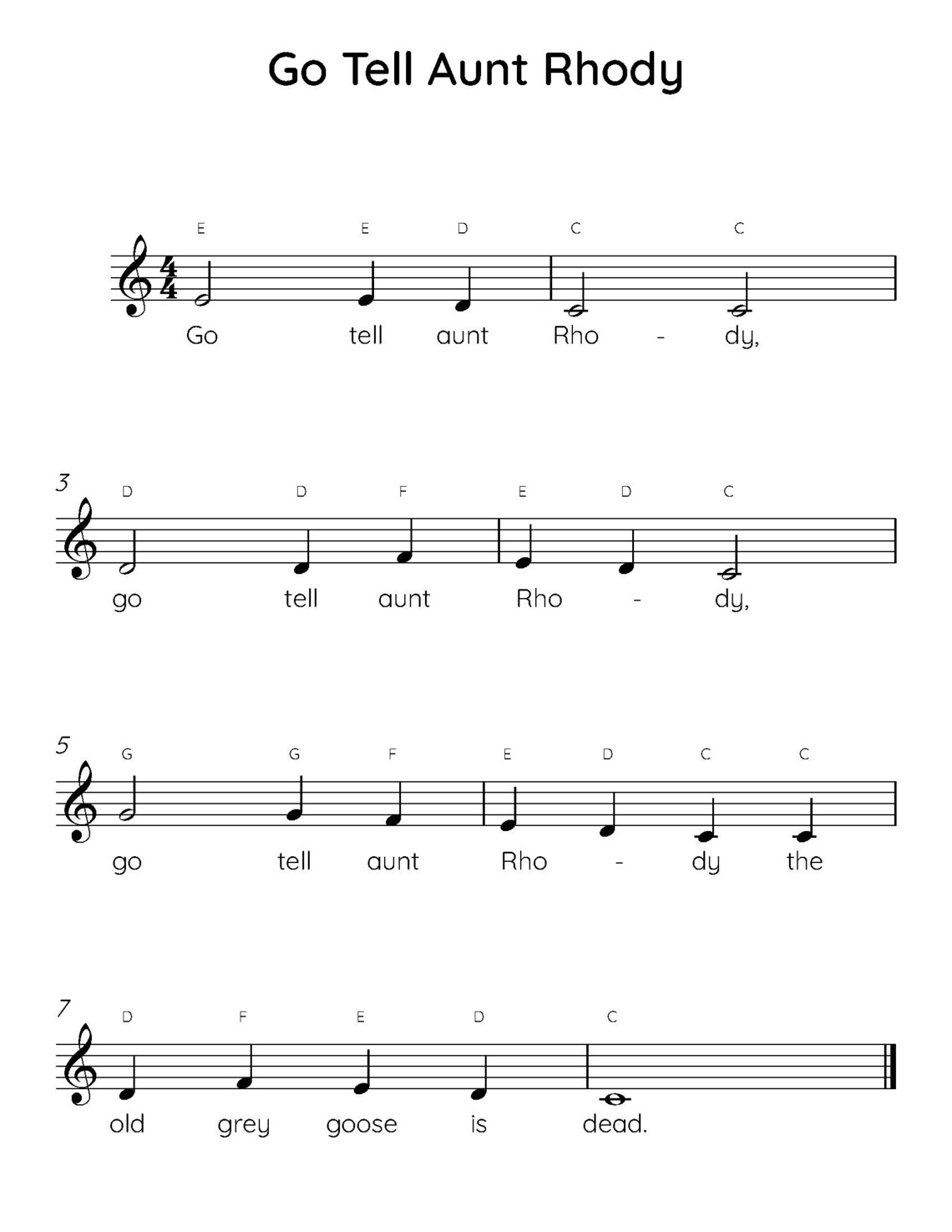 Go Tell Aunt Rhody Easy Piano Sheet Music, Digital Downloadable Musical ...
