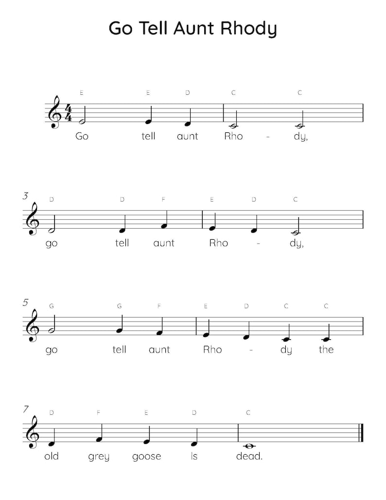 Go Tell Aunt Rhody Easy Piano Sheet Music, Digital Downloadable Musical ...