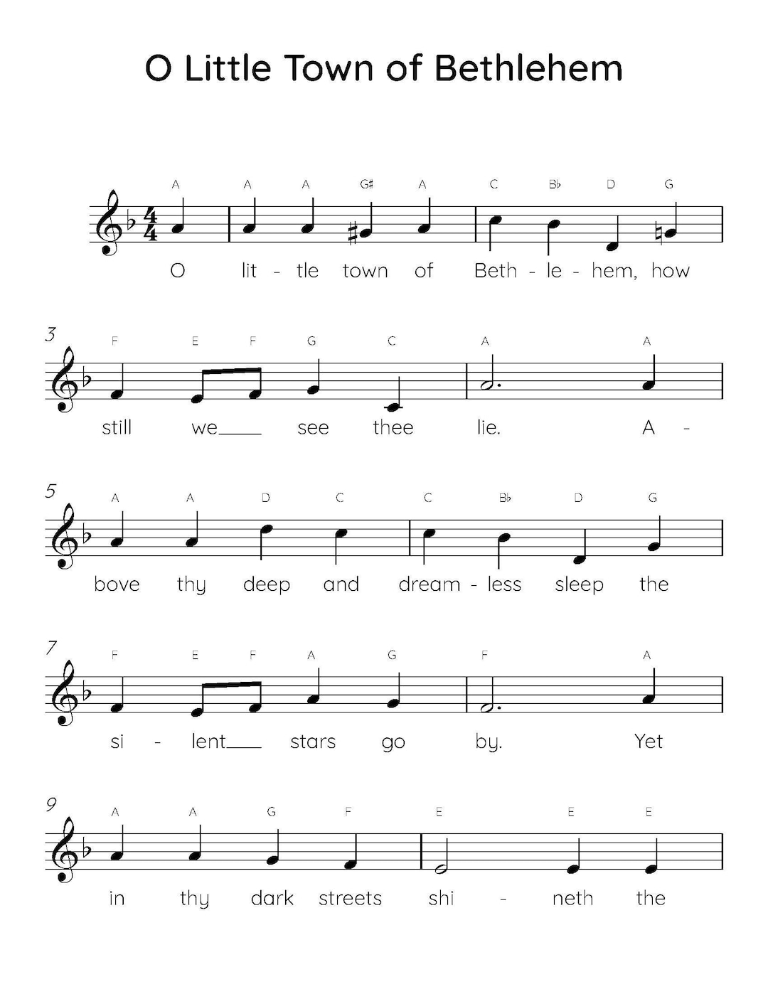 O Little Town of Bethlehem Easy Piano Sheet Music (digital Download ...