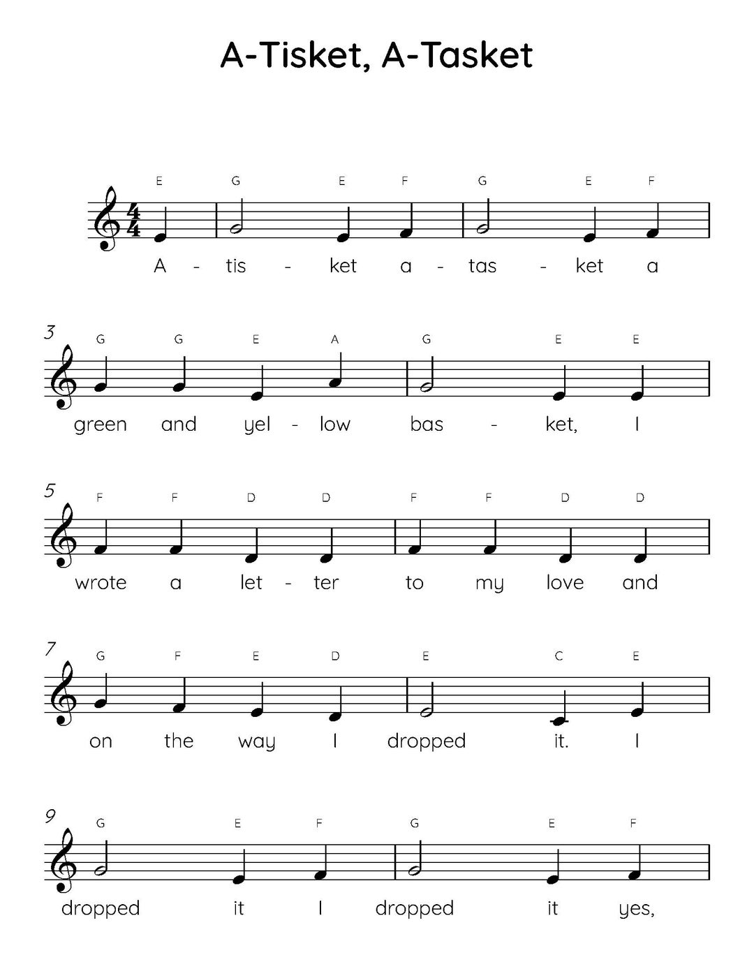A-tisket A-tasket Easy Piano Sheet Music, Digital Downloadable Musical ...