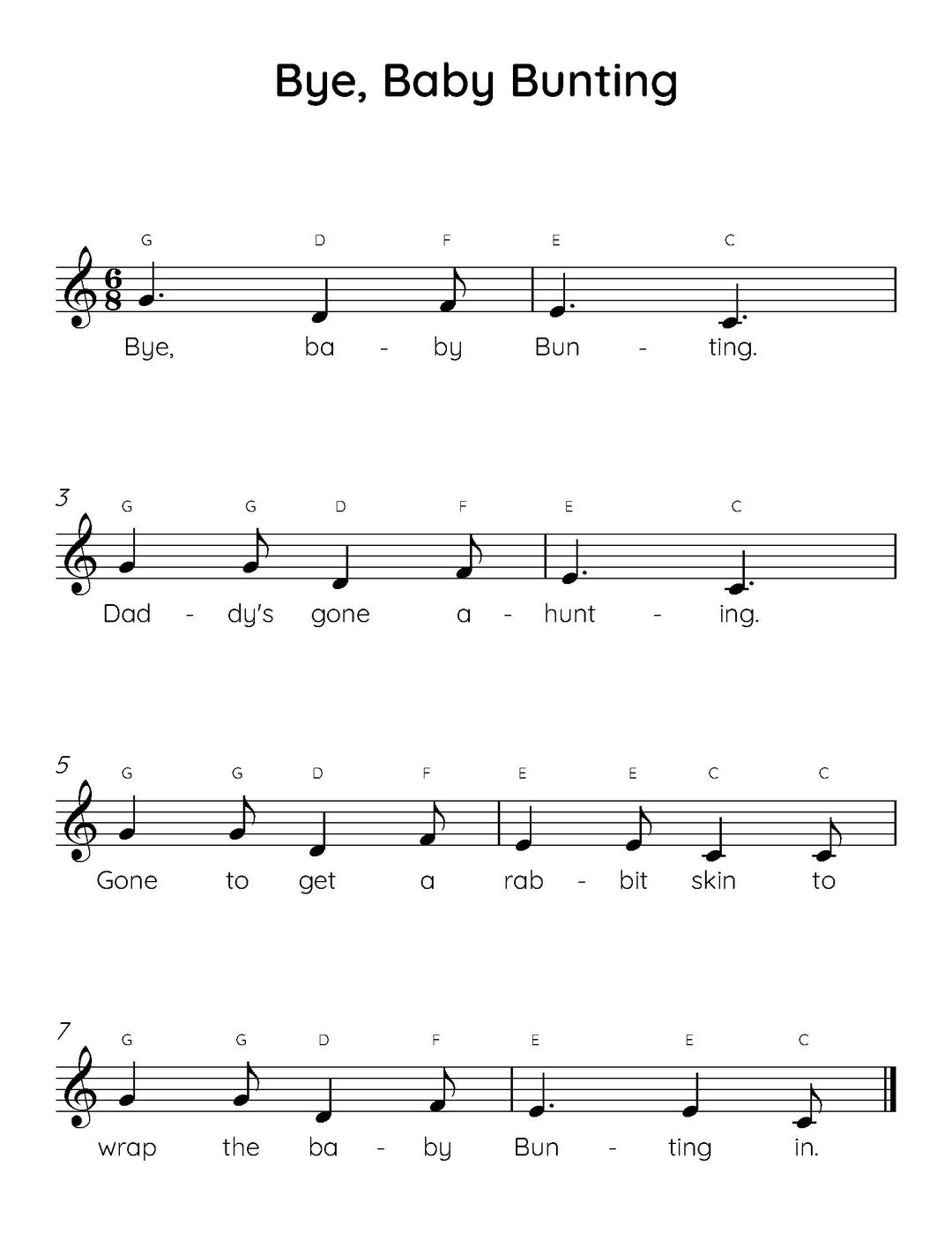 Bye Baby Bunting Easy Piano Sheet Music (digital Download), Kids ...