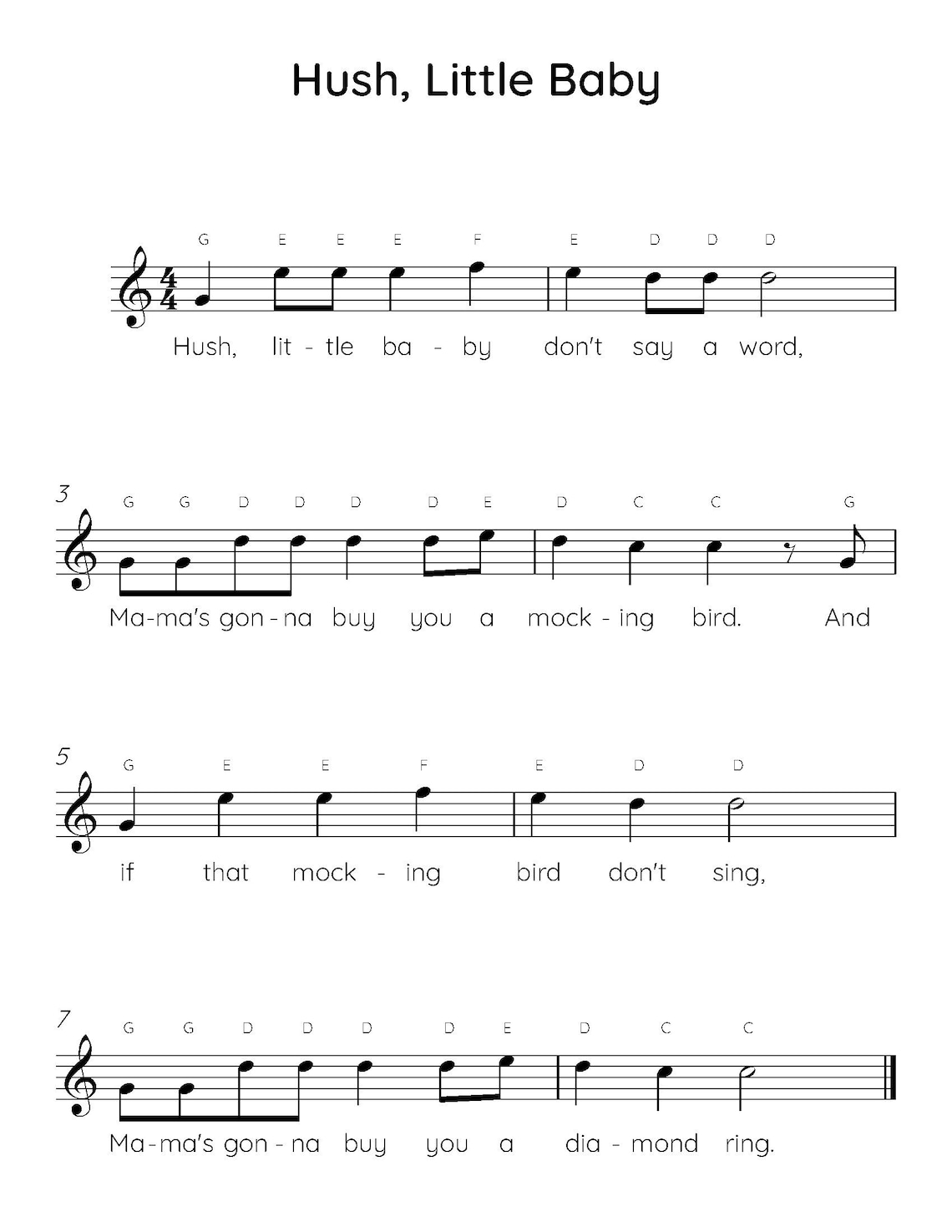 Hush Little Baby Easy Piano Sheet Music (digital Download), Kids ...