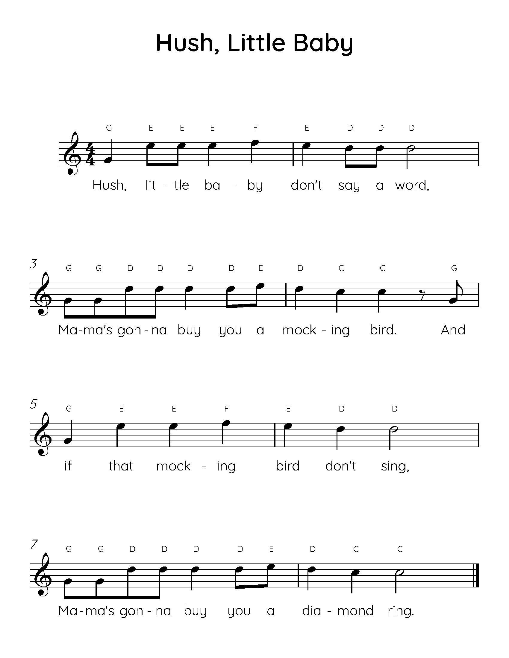 Hush Little Baby Easy Piano Sheet Music, Digital Downloadable Musical ...