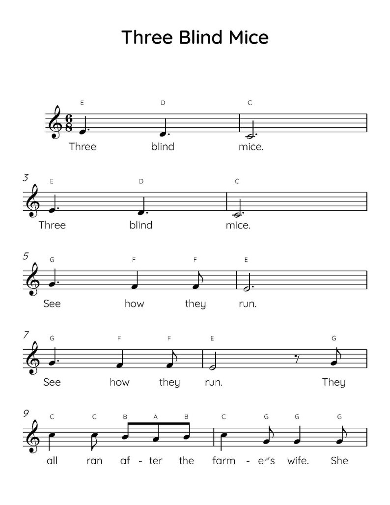 Three Blind Mice Easy Piano Sheet Music (digital Download), Kids ...