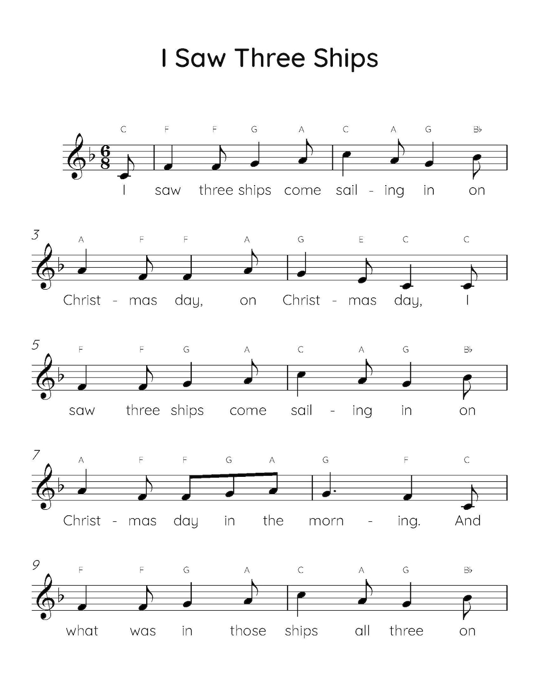 I Saw Three Ships Easy Piano Sheet Music, Digital Downloadable Musical ...