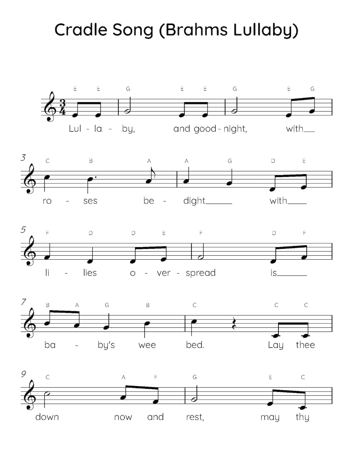 Cradle Song (brahms Lullaby) Easy Piano Sheet Music, Digital ...