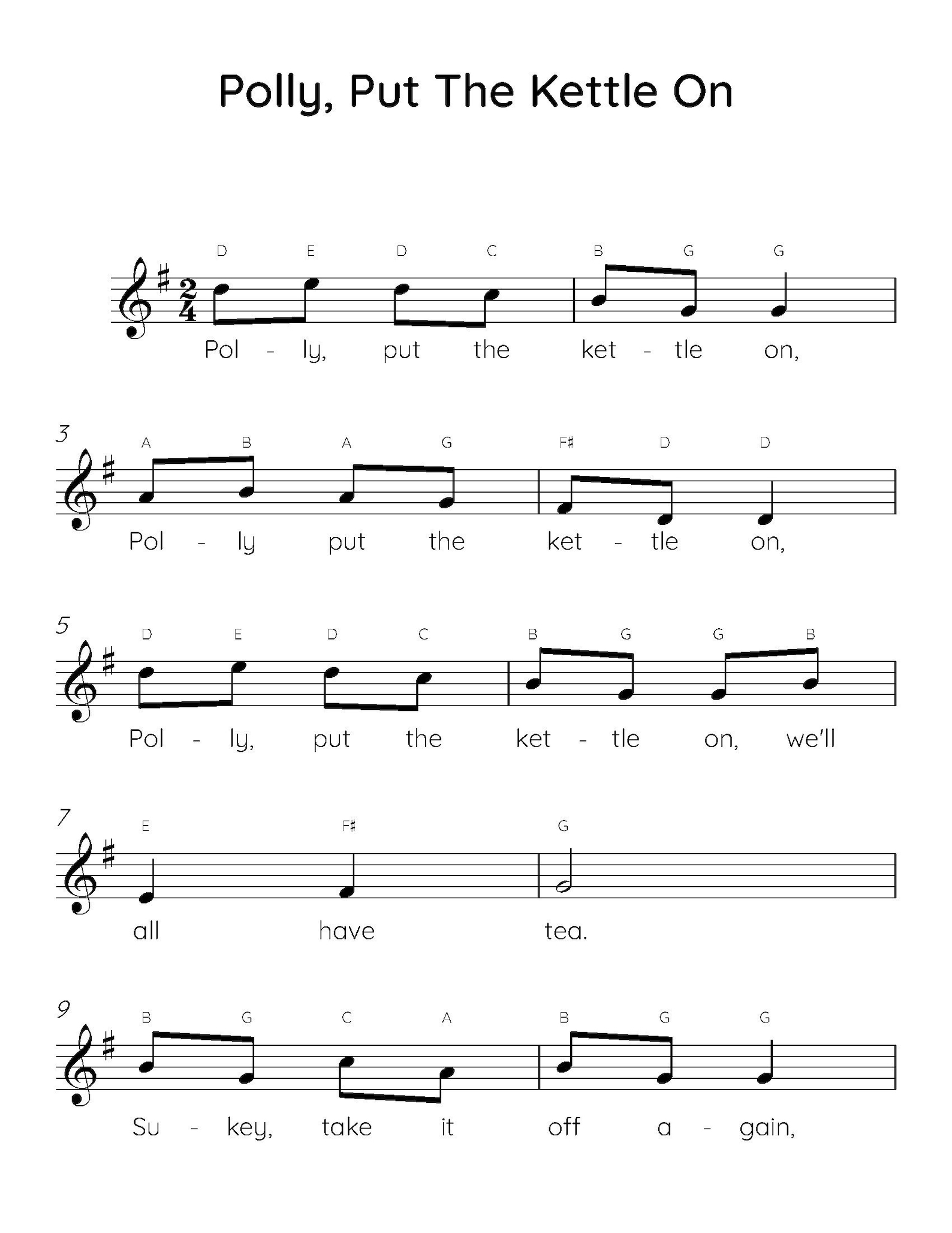 Polly Put the Kettle on Easy Piano Sheet Music, Digital Downloadable ...