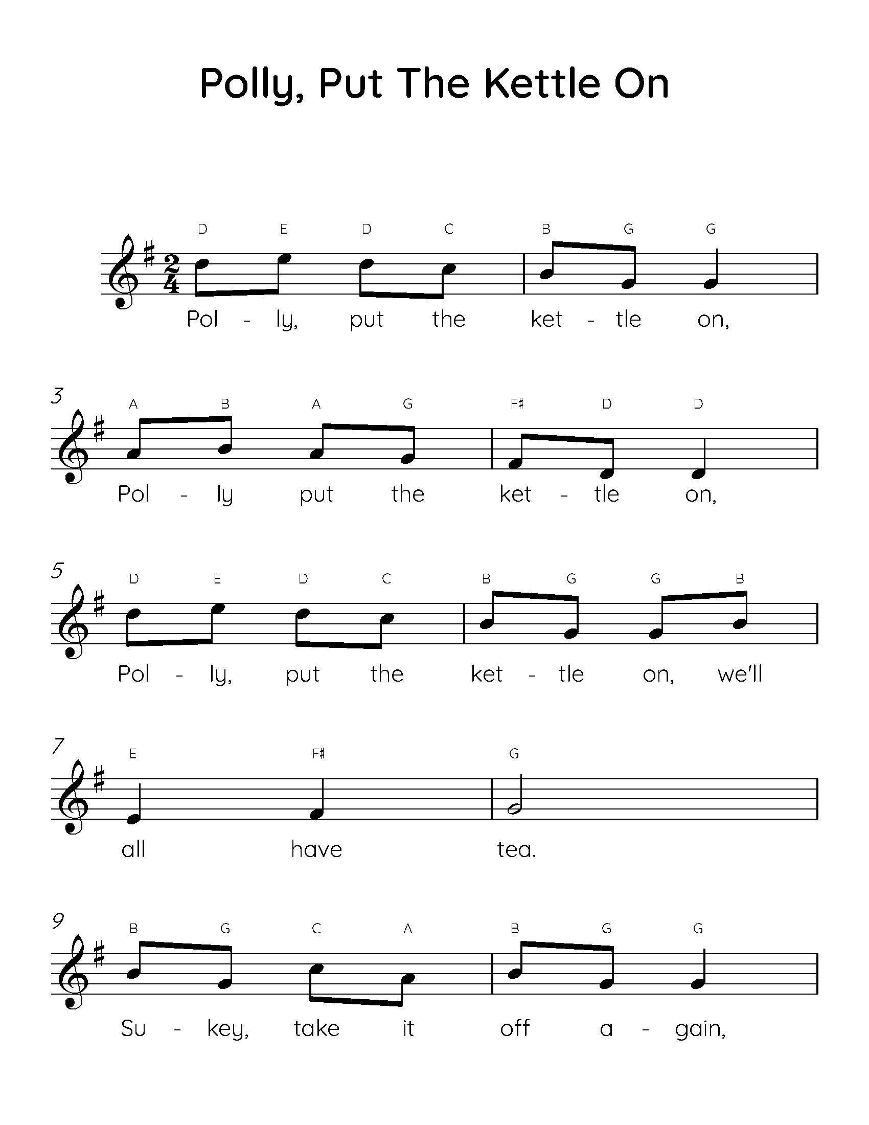 Polly Put the Kettle on Easy Piano Sheet Music, Digital Downloadable ...