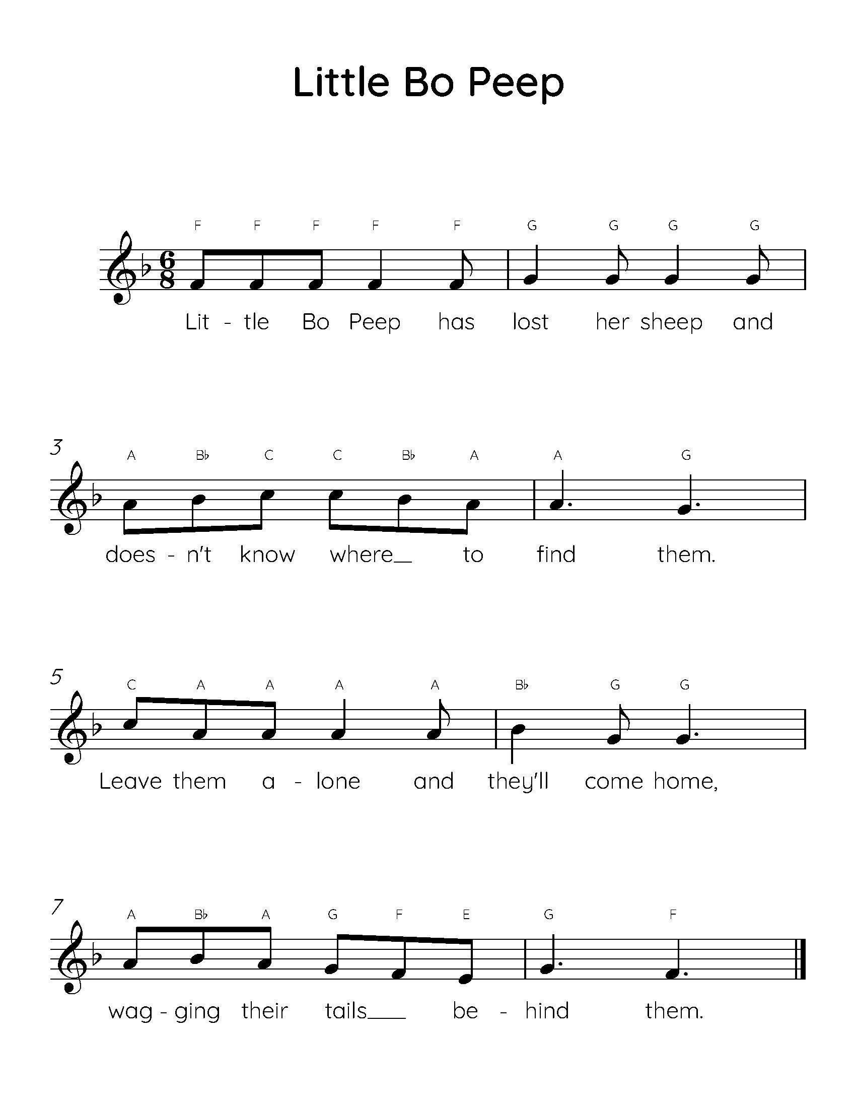 Little Bo Peep Easy Piano Sheet Music (digital Download), Kids Beginner ...