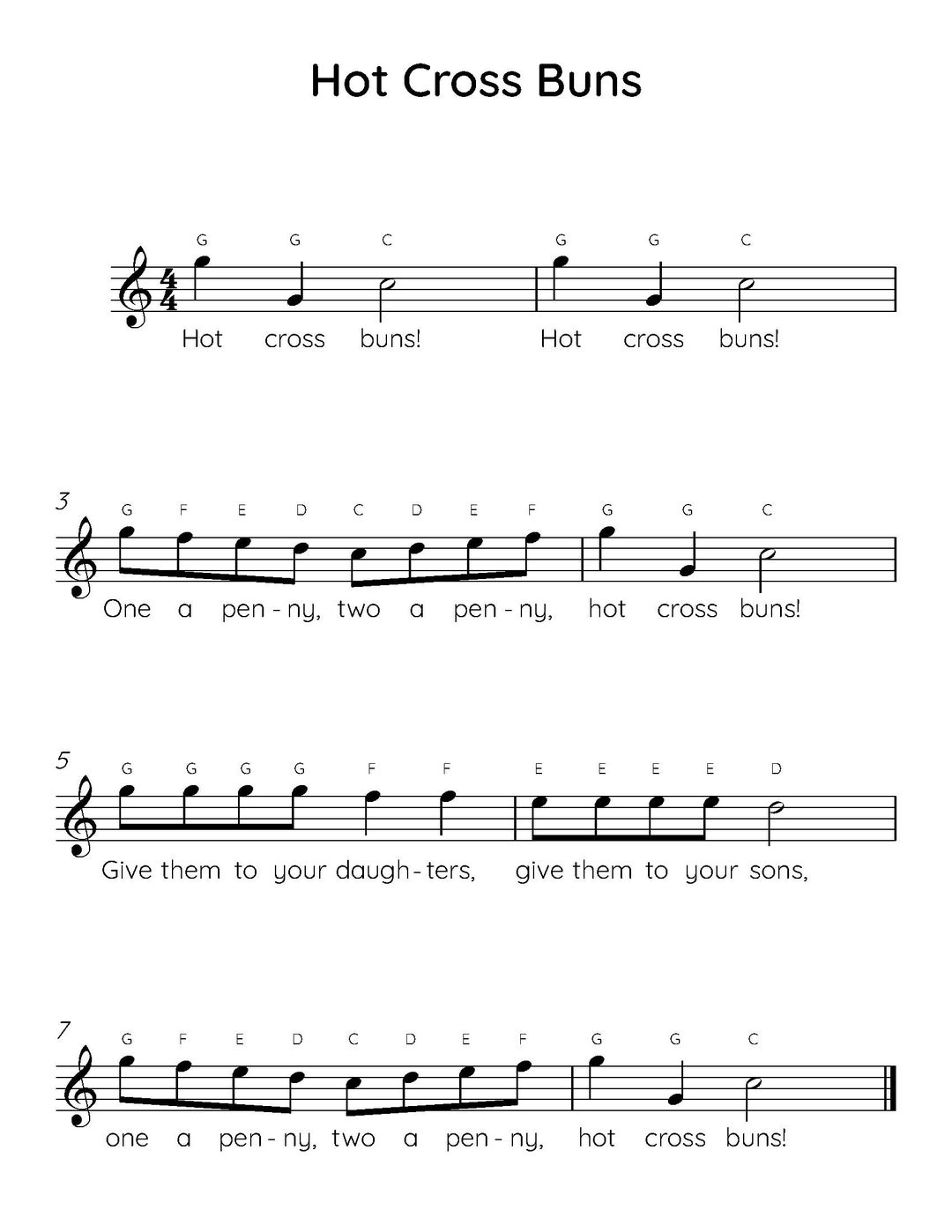 Hot Cross Buns Easy Piano Sheet Music, Digital Downloadable Musical ...