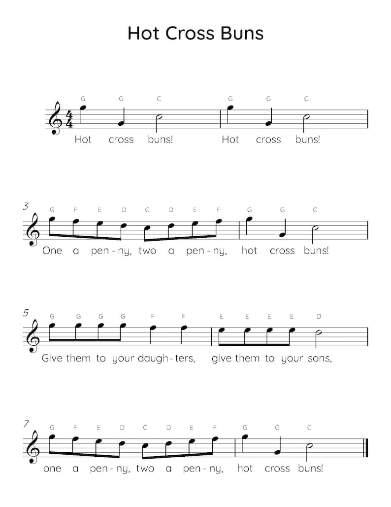 Hot Cross Buns Easy Piano Sheet Music, Digital Downloadable Musical ...