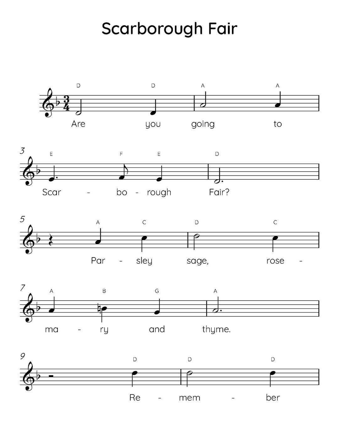 Scarborough Fair Easy Piano Sheet Music, Digital Downloadable Musical ...